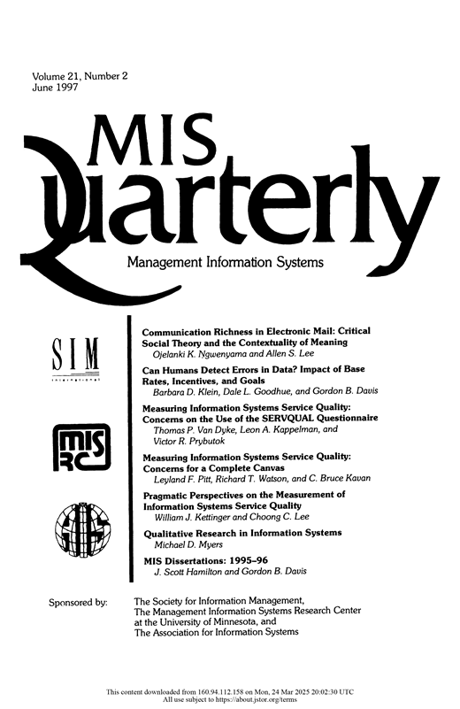 Measuring Information Systems Service Quality: Concerns on the Use of the SERVQUAL ...